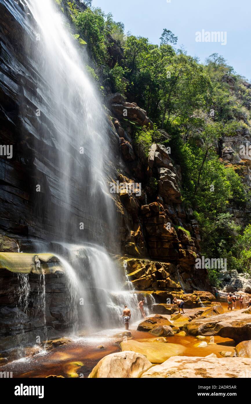 Beautiful landscape of big natural waterfall on rocky canyon in Chapada ...