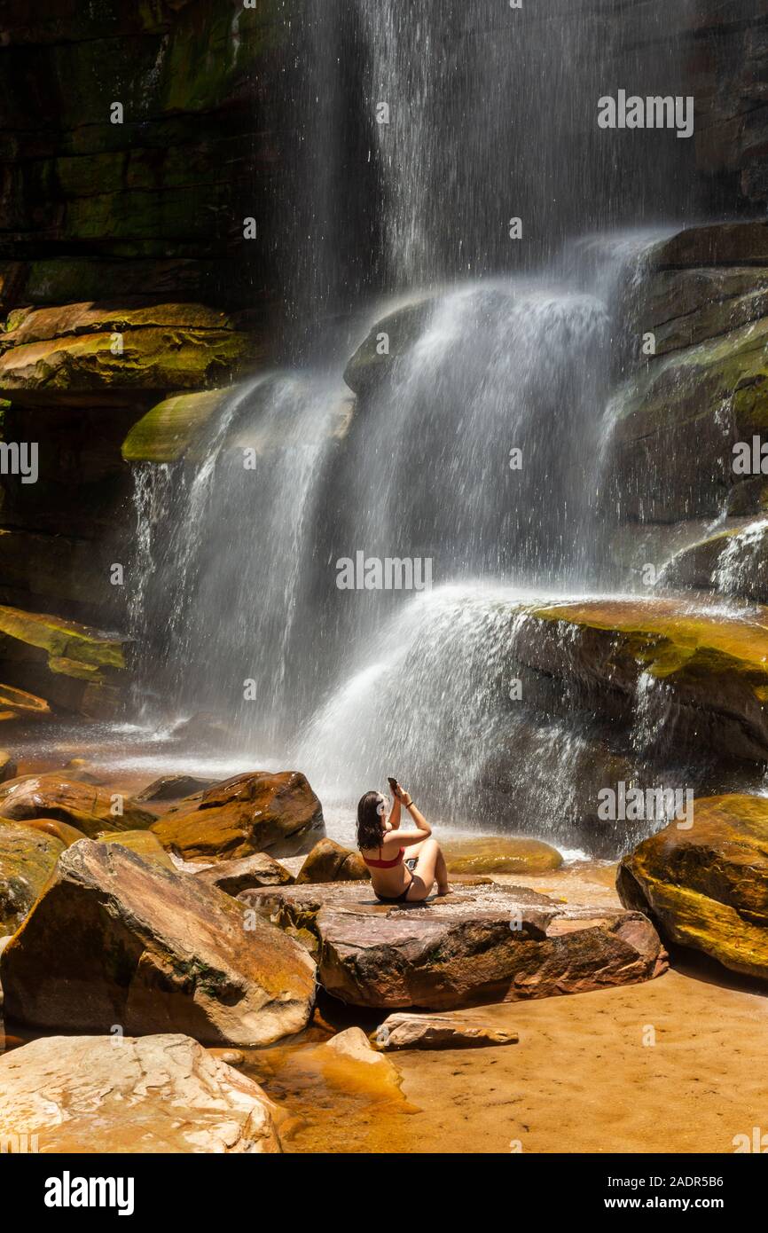 Beautiful landscape of big natural waterfall on rocky canyon in Chapada ...