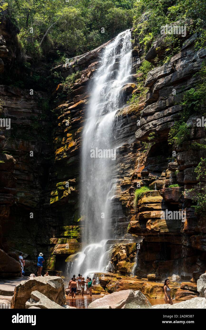 Beautiful landscape of big natural waterfall on rocky canyon in Chapada ...