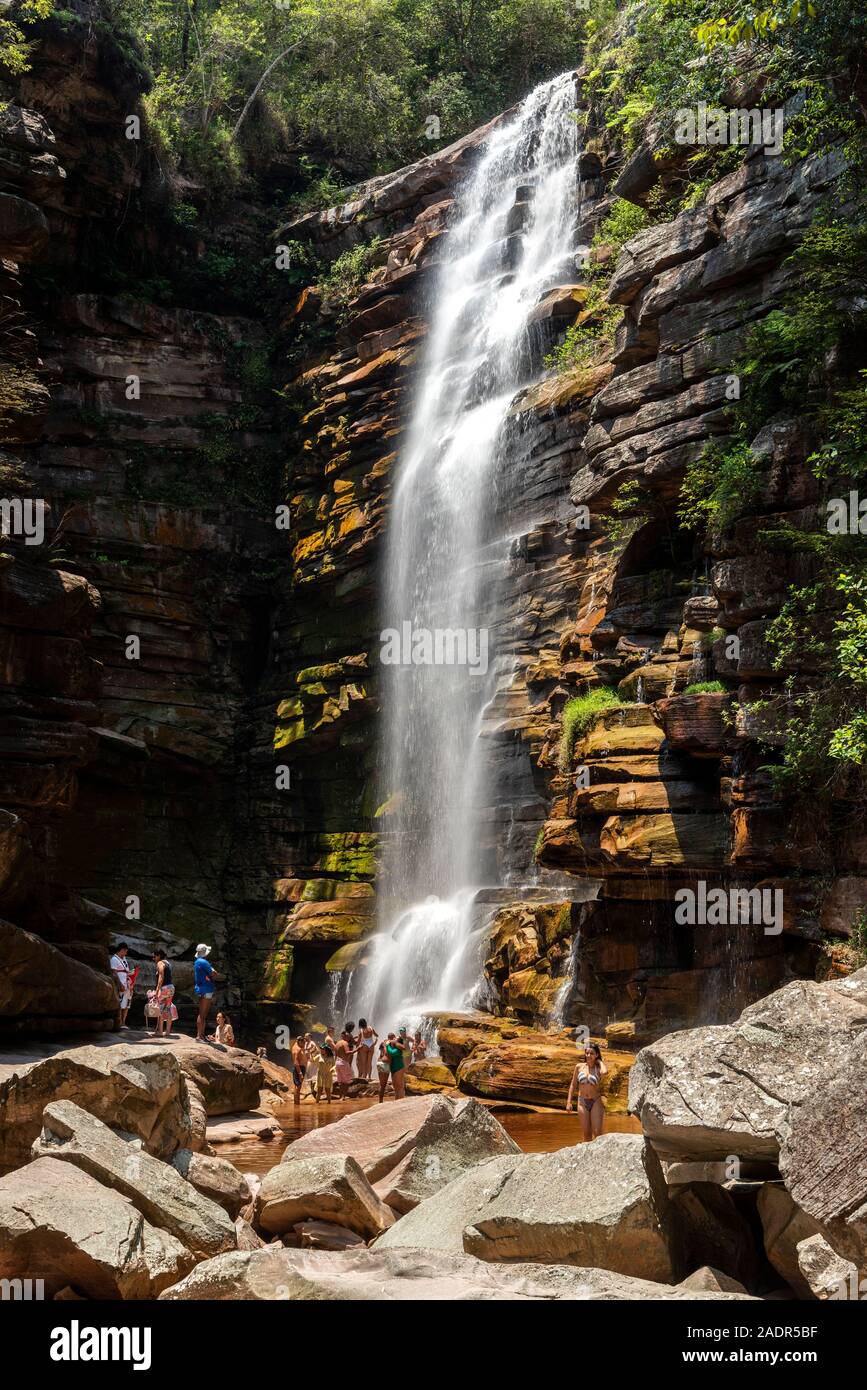 Beautiful landscape of big natural waterfall on rocky canyon in Chapada ...