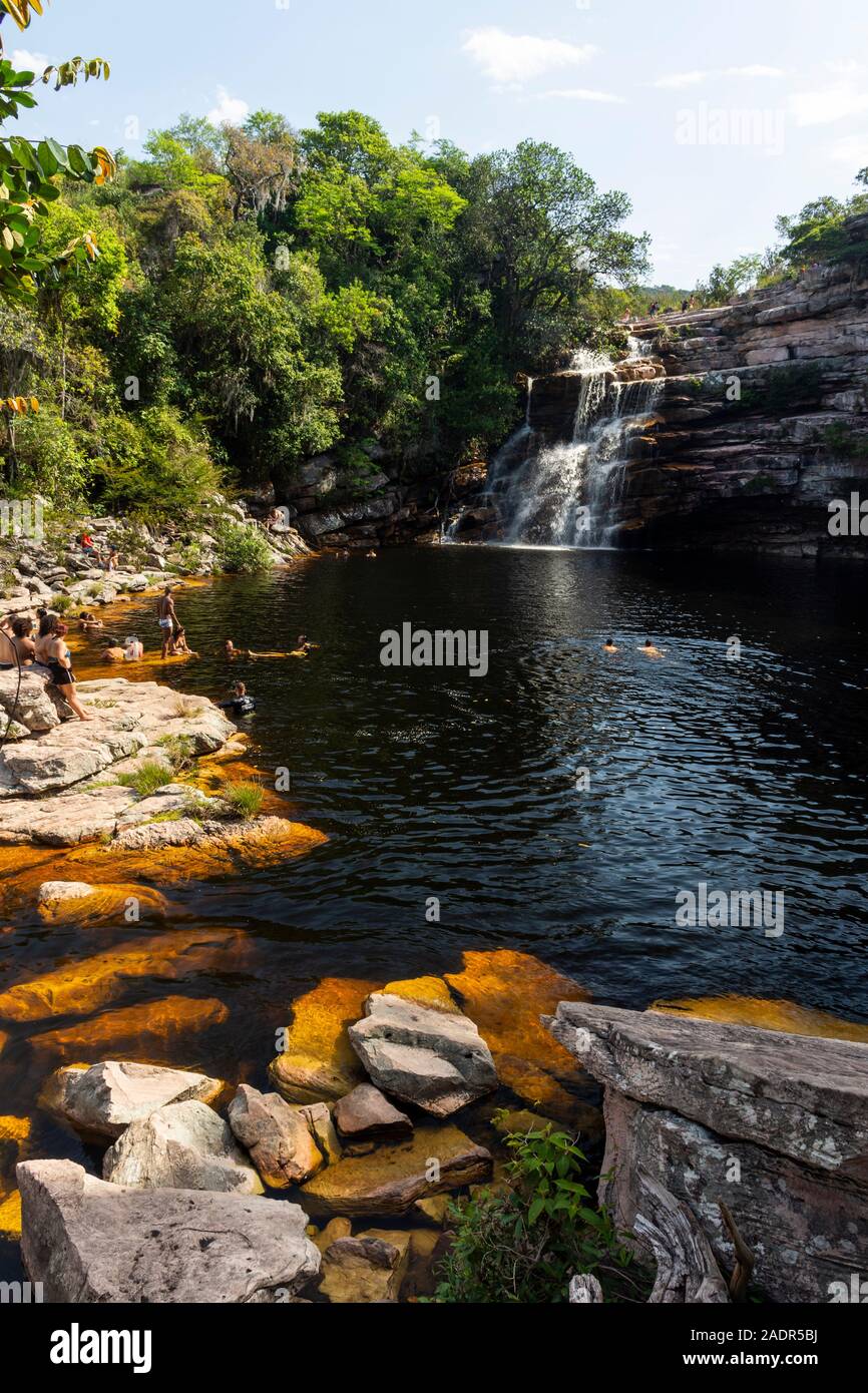 Beautiful natural waterfall on rocky landscape, Chapada Diamantina ...