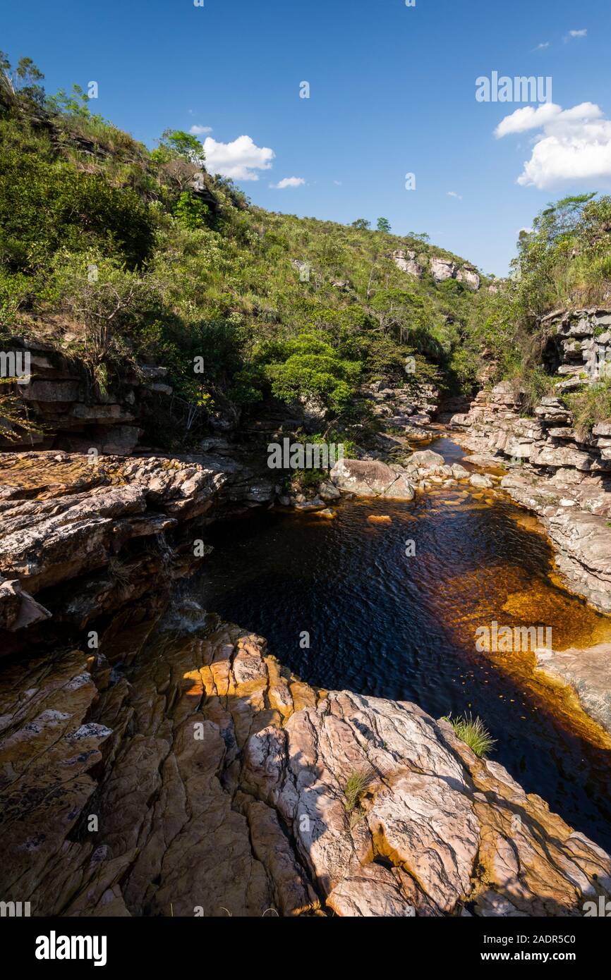 Beautiful natural river with dark water on cerrado landscape, Chapada ...