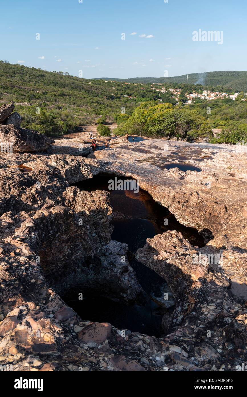 Beautiful natural waterfall on rocky landscape, Chapada Diamantina ...