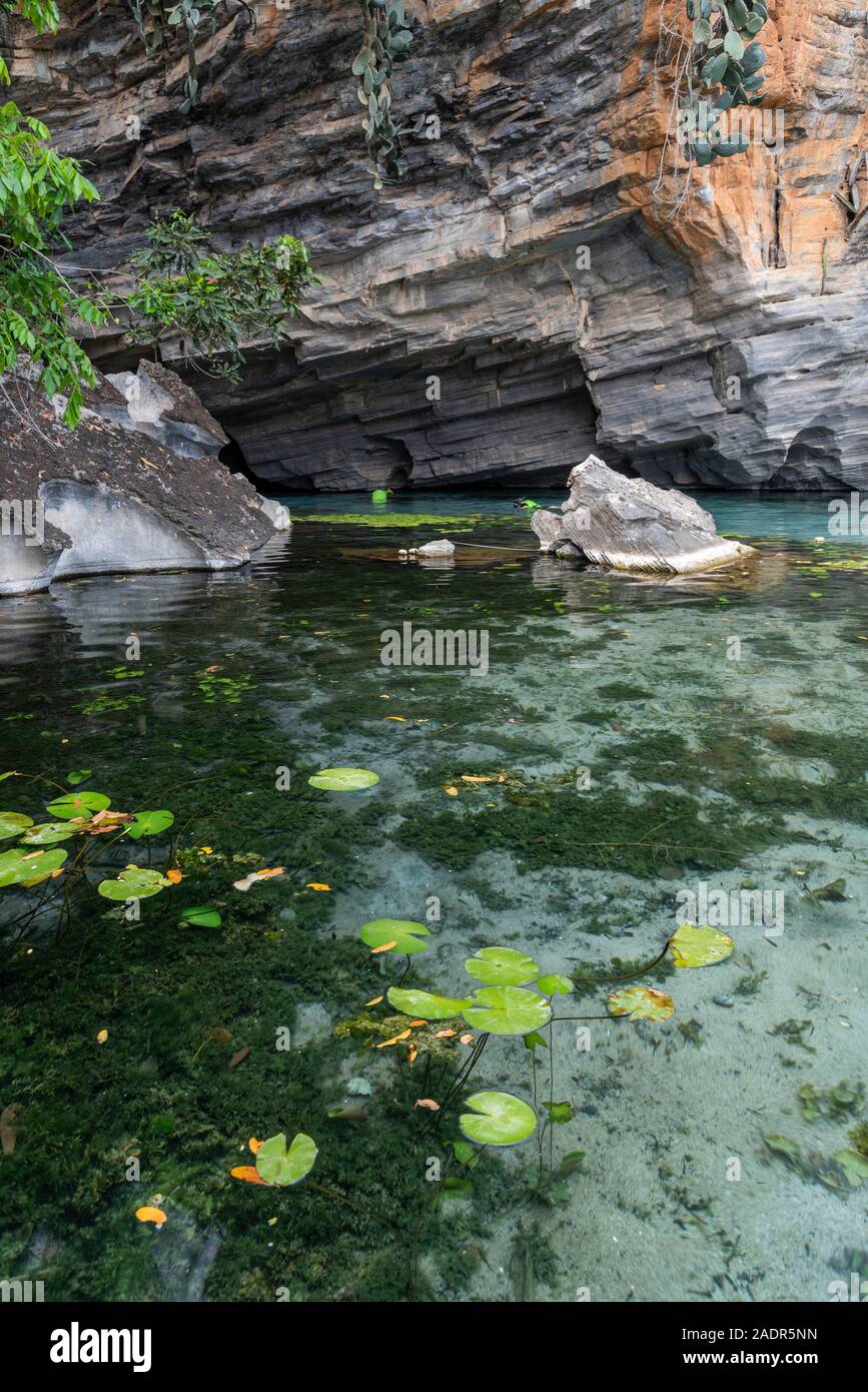 Beautiful view to natural blue water river inside rocky cave, Chapada ...