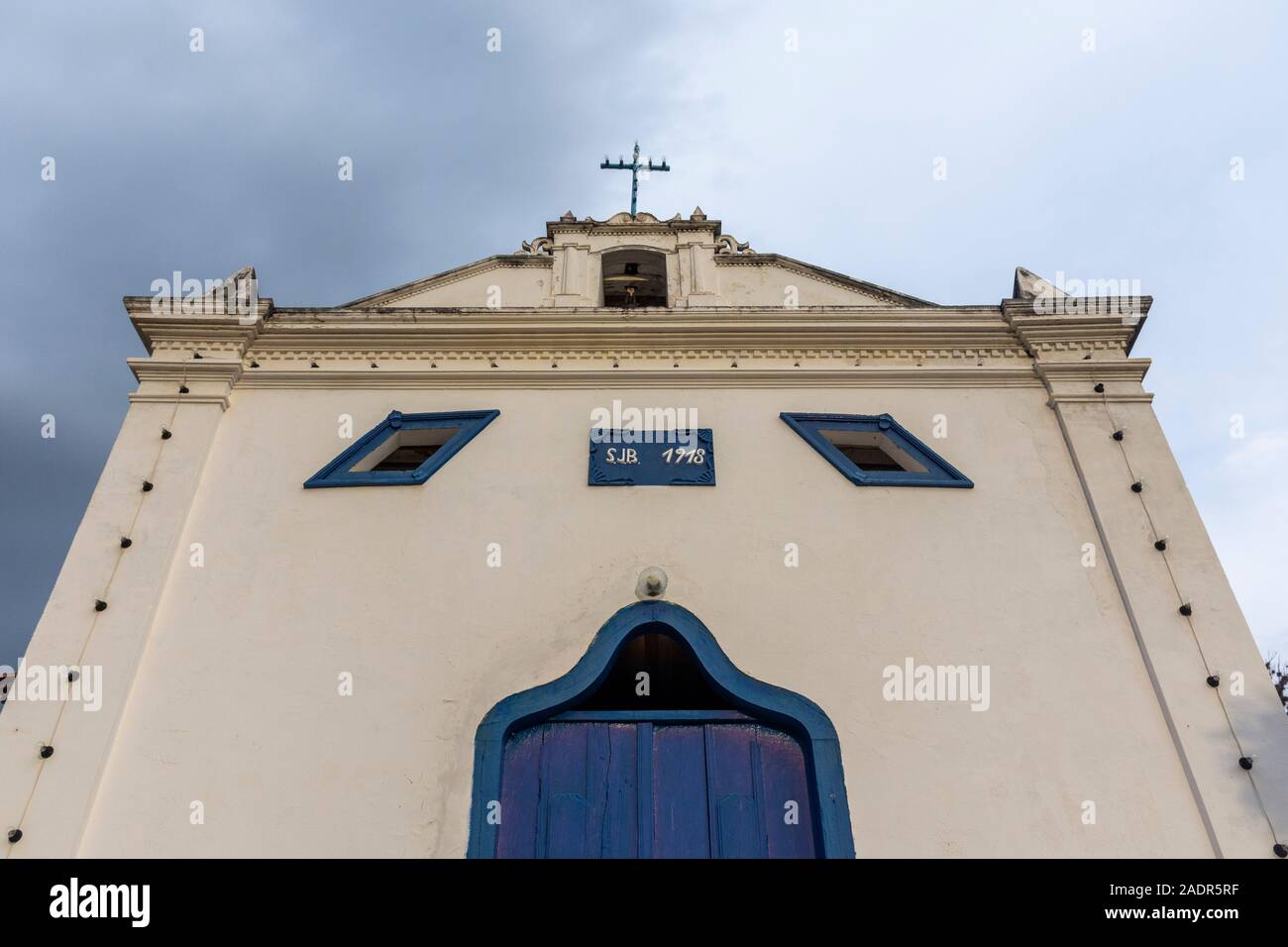 View to facade of colonial old church in small historic countryside ...