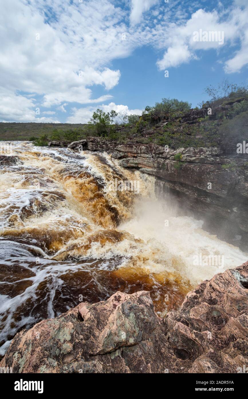 Beautiful natural waterfall on rocky landscape in Chapada Diamantina ...