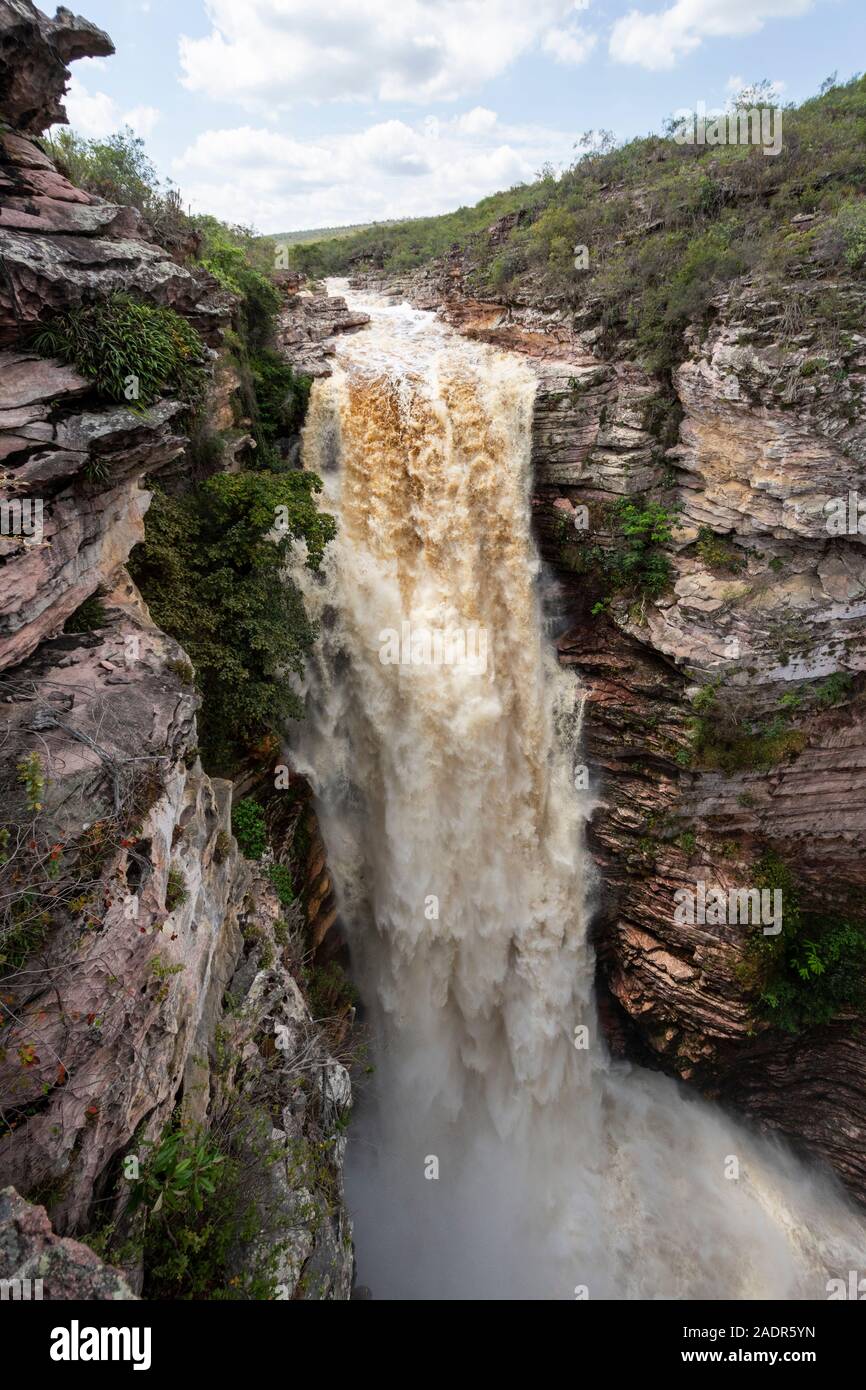 Beautiful natural waterfall on rocky landscape in Chapada Diamantina ...