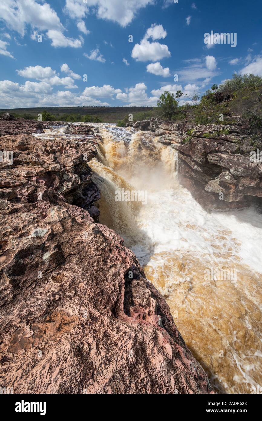 Beautiful natural waterfall on rocky landscape in Chapada Diamantina ...
