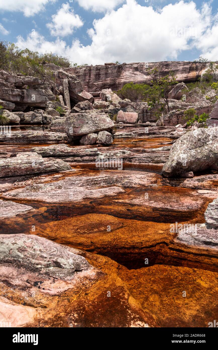 Beautiful natural waterfall on rocky landscape, Chapada Diamantina ...