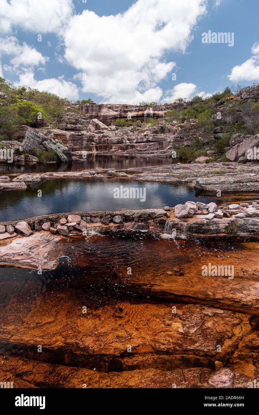 Beautiful natural waterfall on rocky landscape, Chapada Diamantina ...