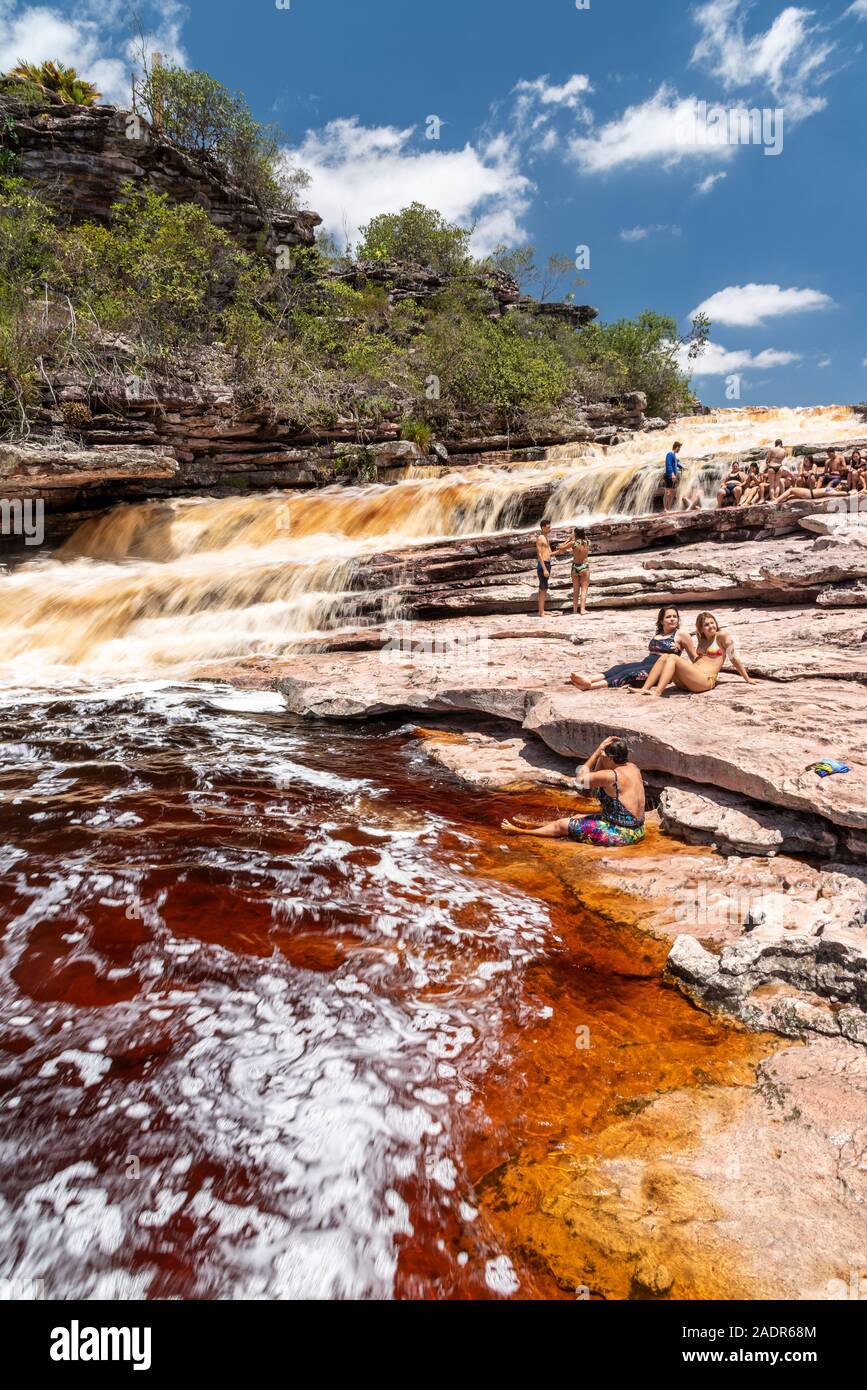 Beautiful natural waterfall on rocky landscape, Chapada Diamantina ...