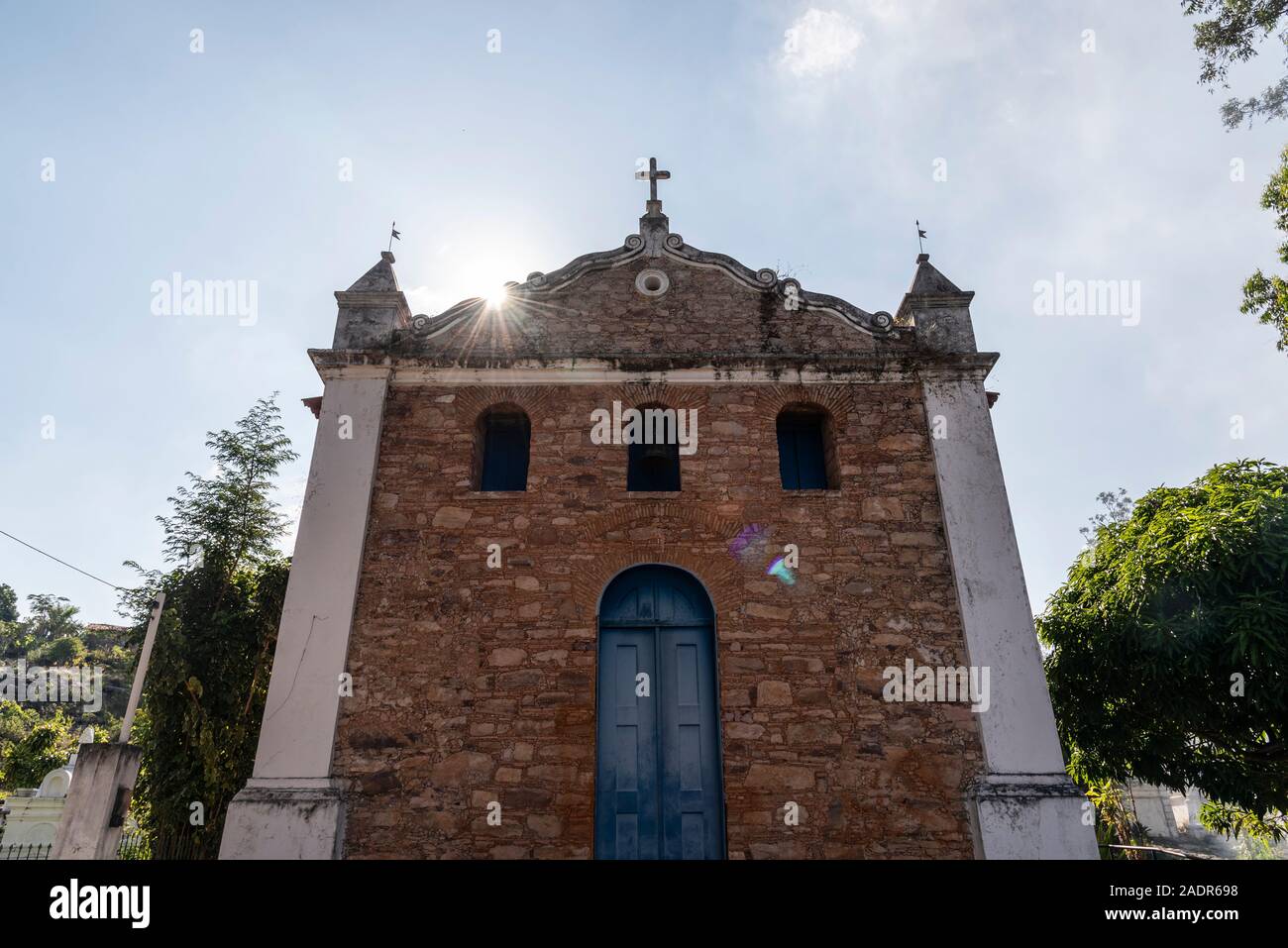 View to facade of colonial old church in small historic countryside ...