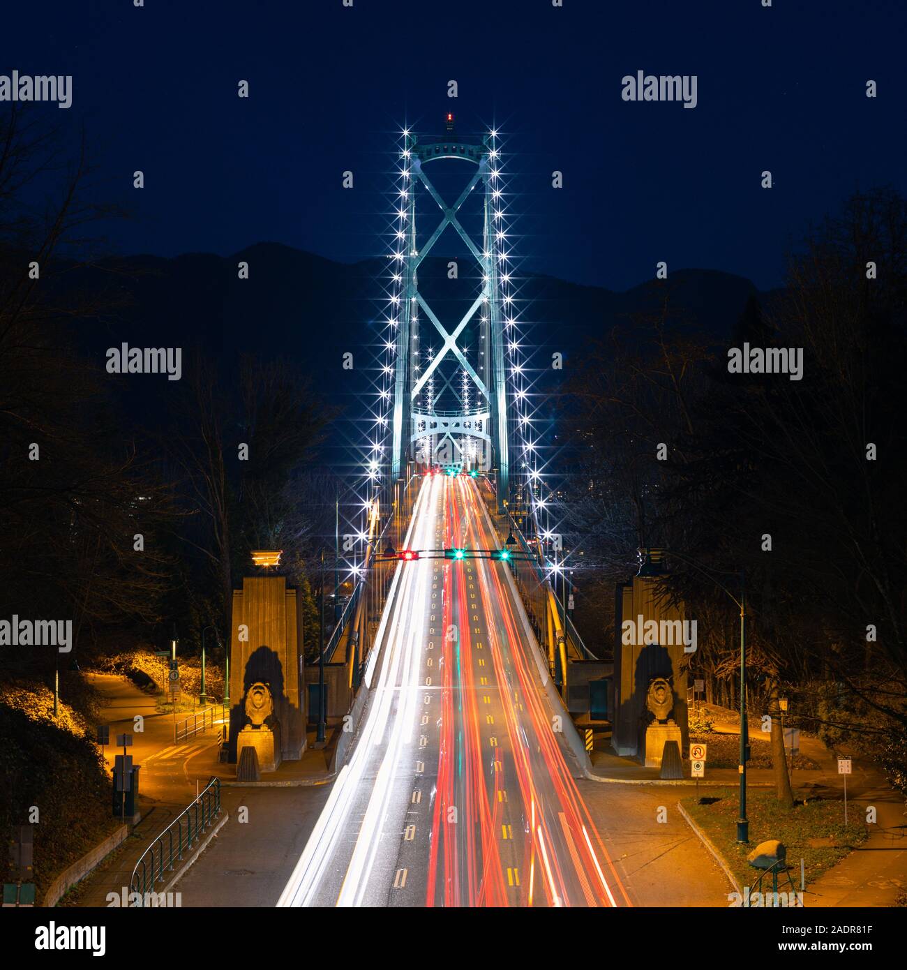 Lions Gate Bridge in night, Vancouver, British Columbia, Canada Stock ...