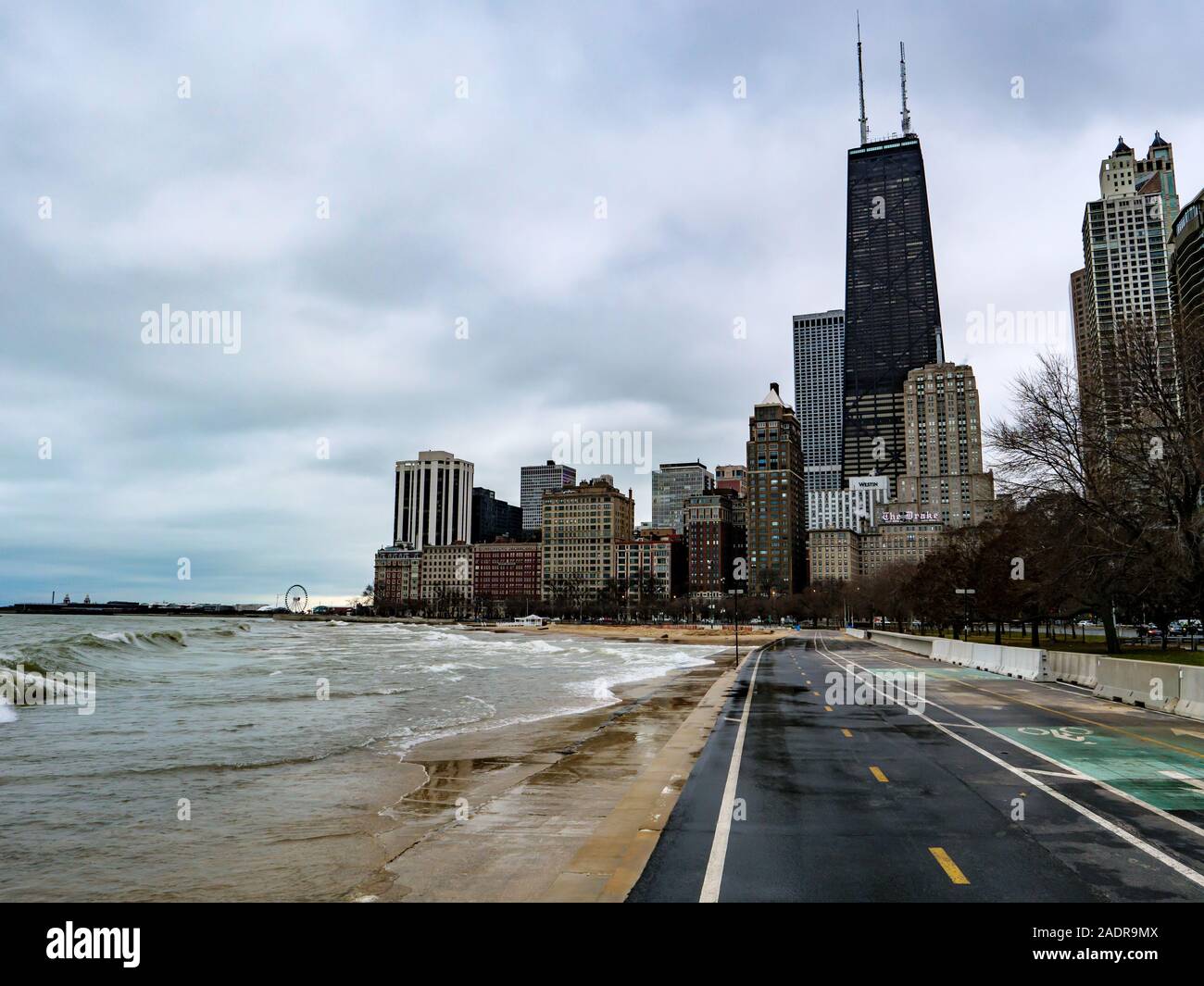 Chicago's lakefront bicycle path and seawall during high waves and ...