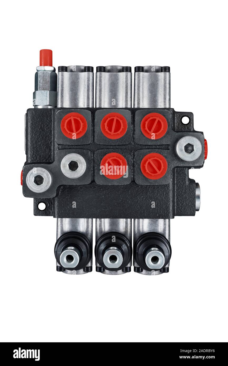 Three section Hydraulic distributor of the tractor on isolated white ...