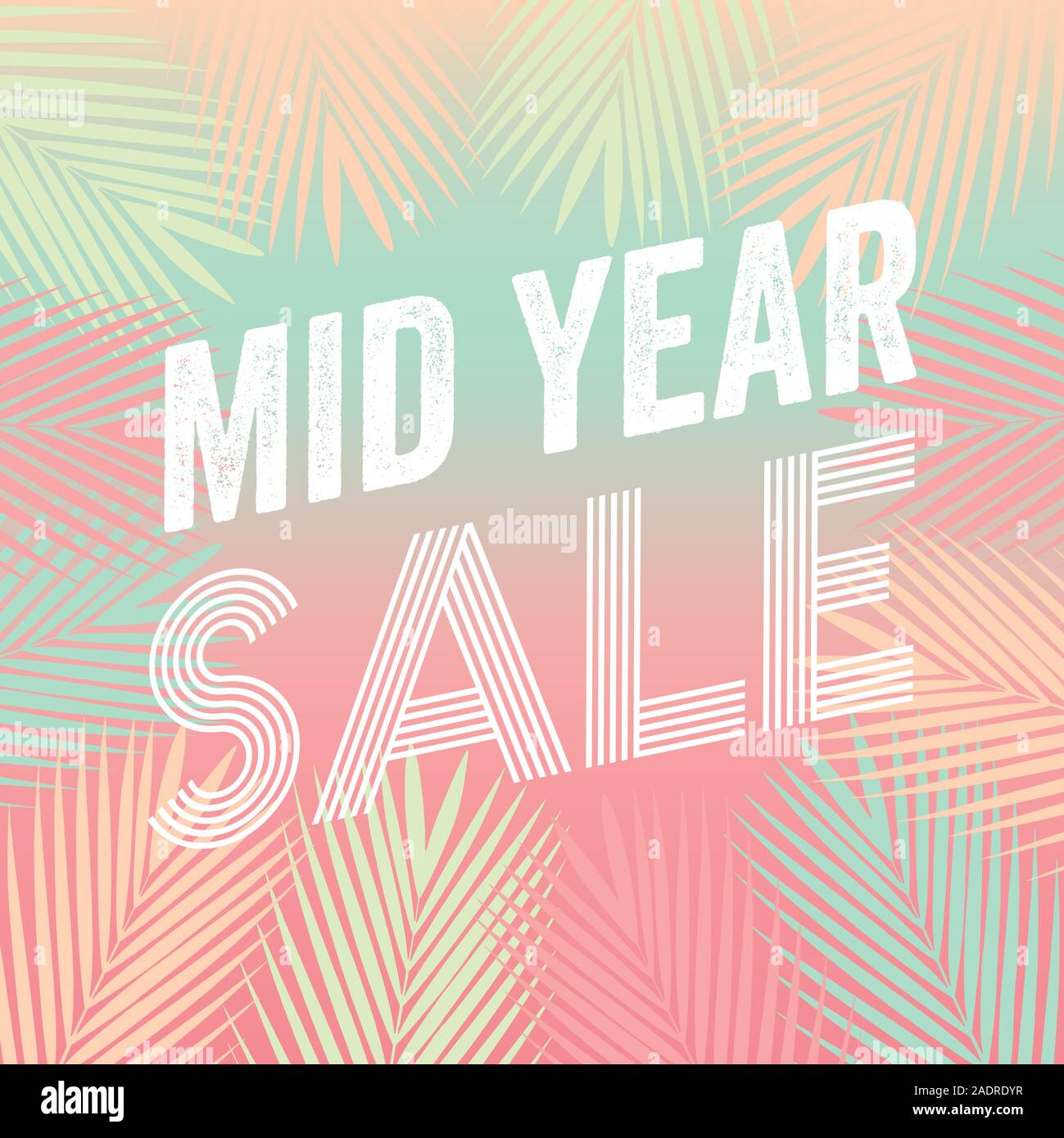 Mid Year Sale Tropical Paradise, beach, background with palm leaves ...