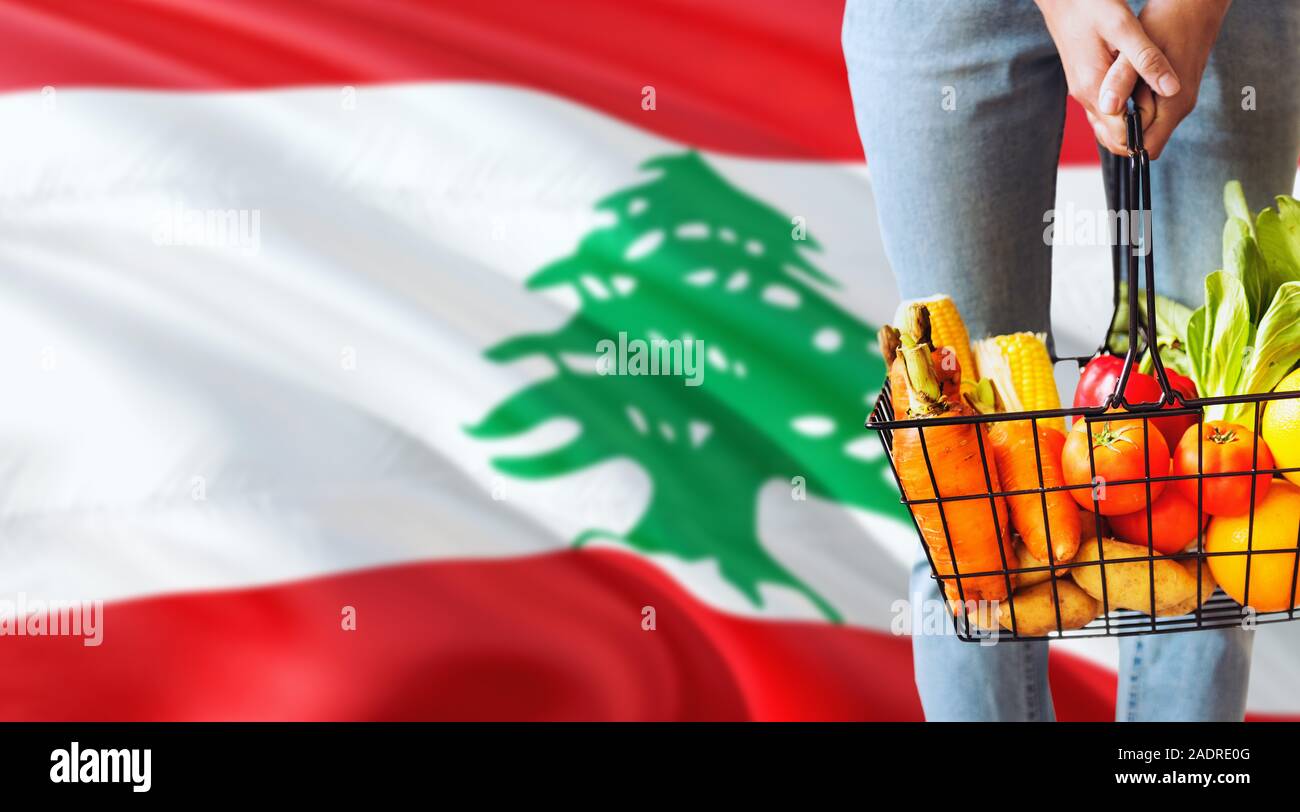 Woman is holding supermarket basket, Lebanon waving flag background ...