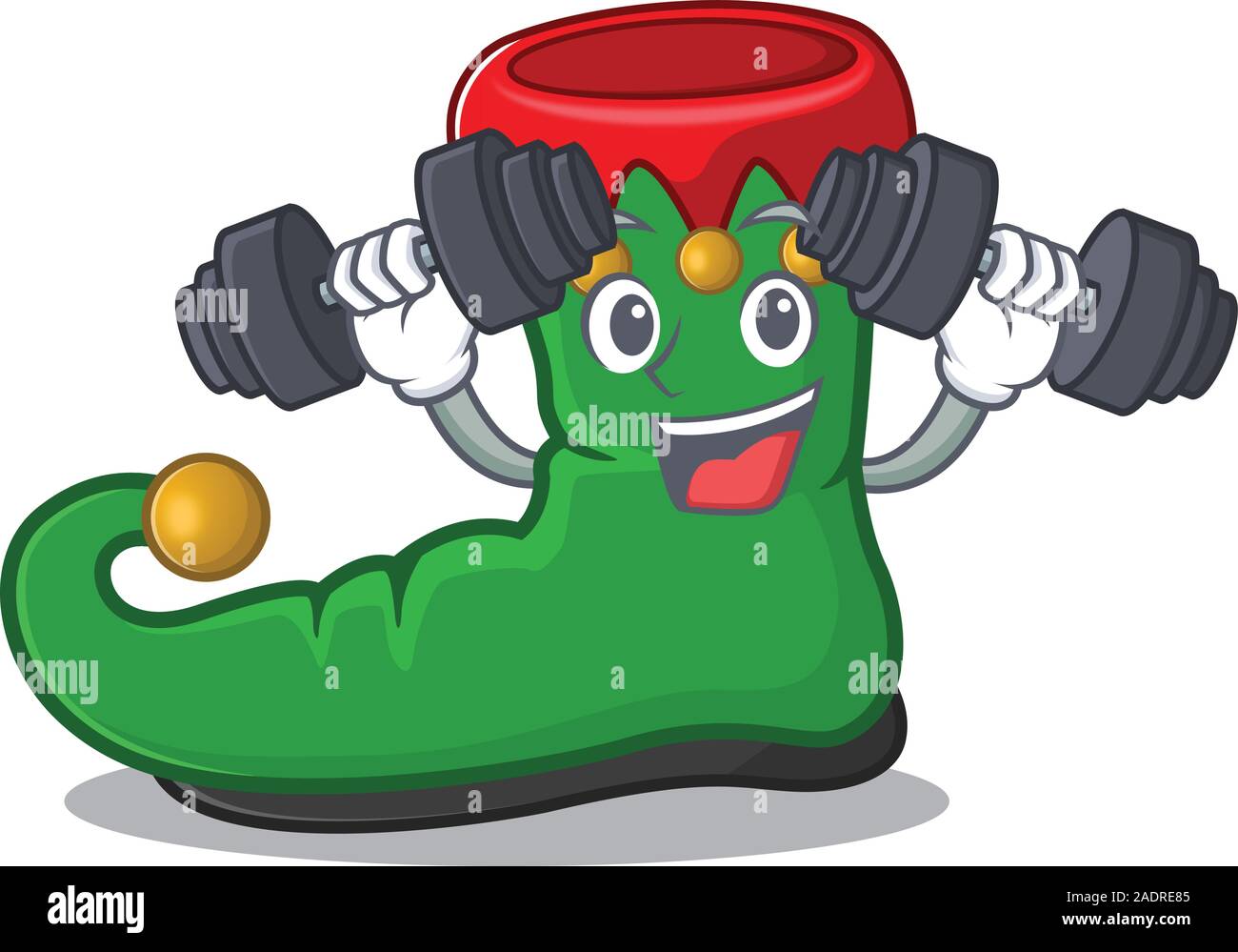 Fitness exercise elf shoes cartoon character holding barbells Stock ...