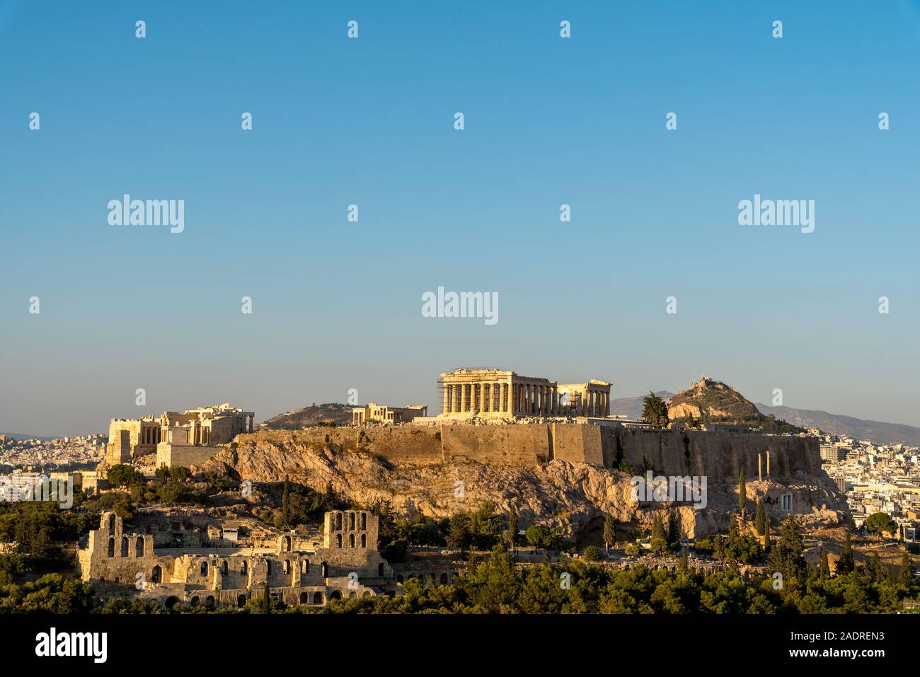 The Acropolis and Parthenon under a blue cloudless sky viewed from ...