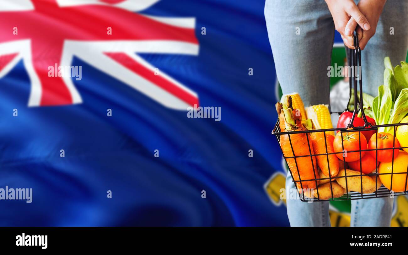 Woman is holding supermarket basket, British Virgin Islands waving flag ...