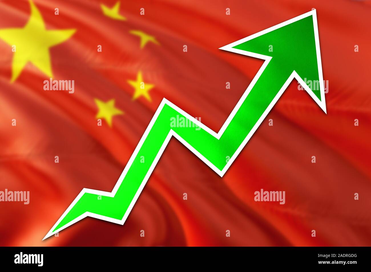 China economy graph is indicating positive growth, green arrow going up ...