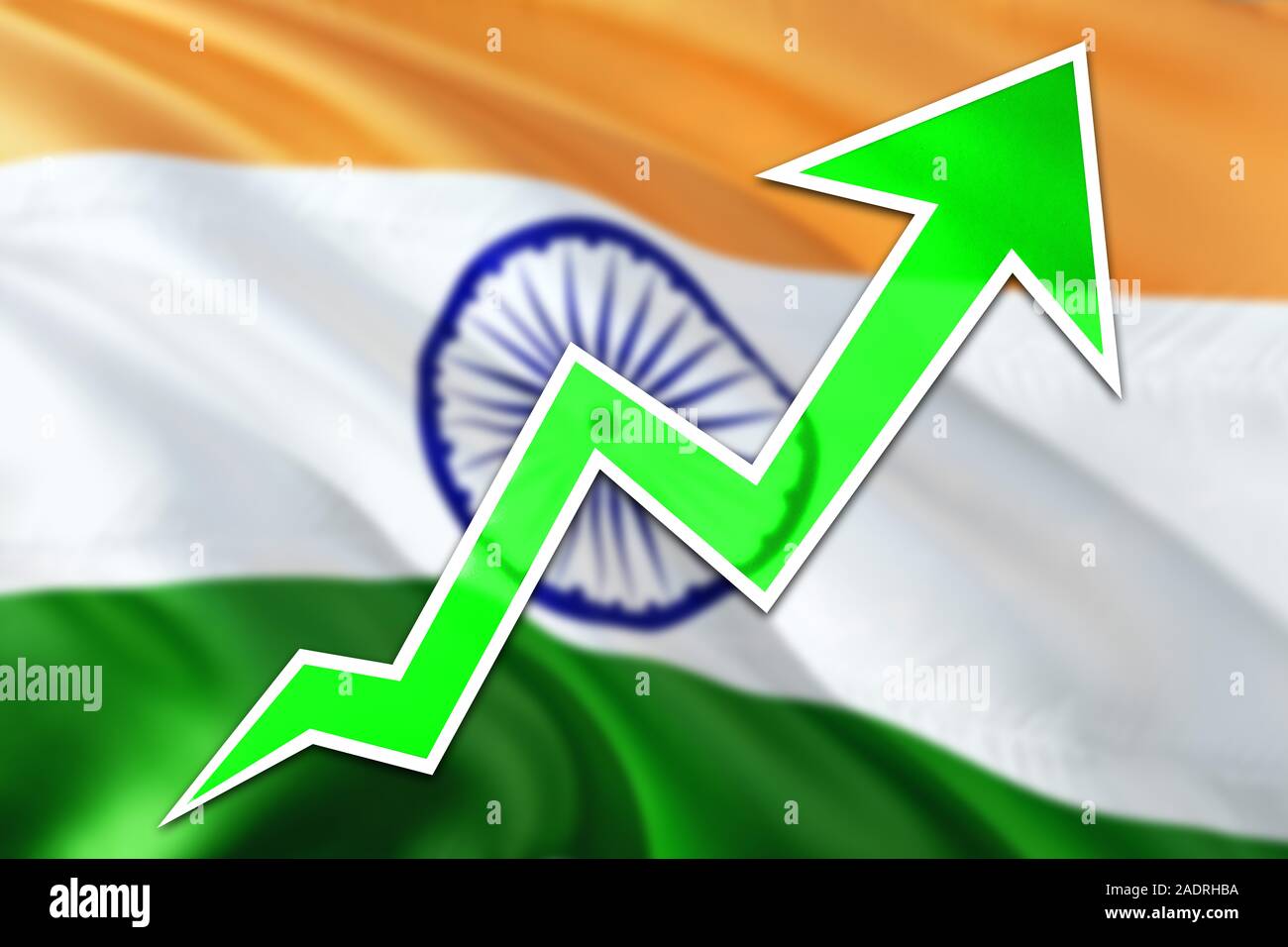 India economy graph is indicating positive growth, green arrow going up ...