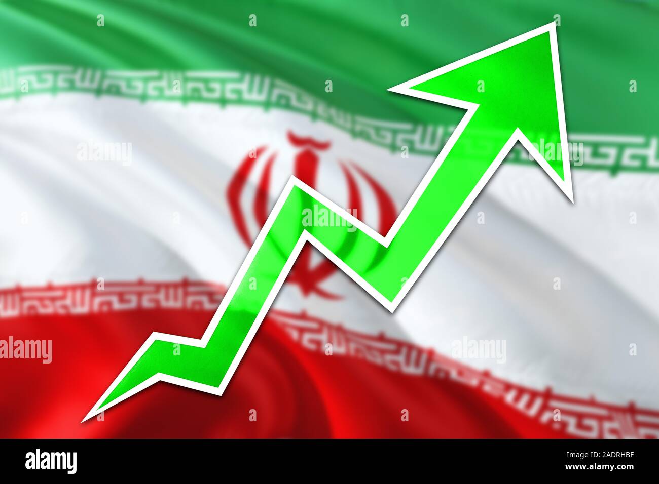 Iran economy graph is indicating positive growth, green arrow going up ...