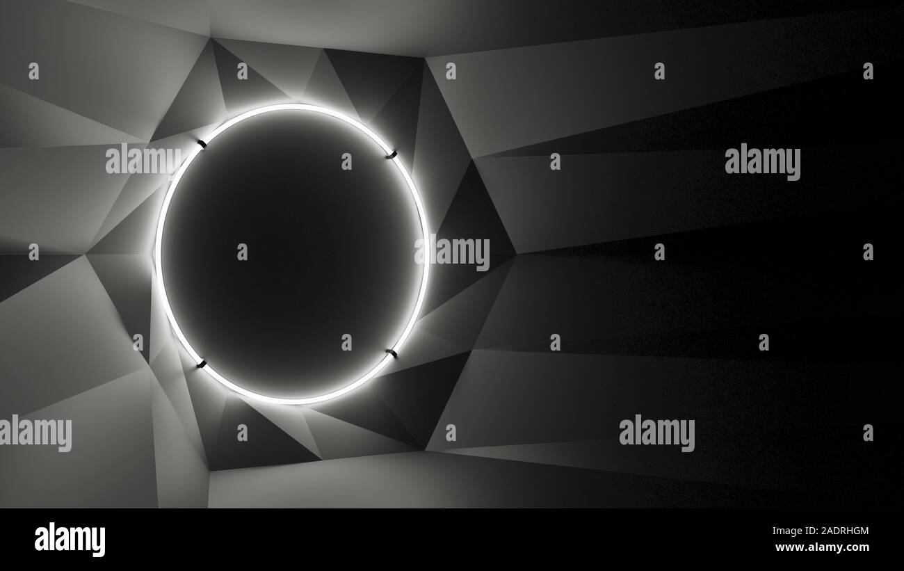 Abstract geometry lit by a neon white circle lamp. Soft shadows. 3D ...