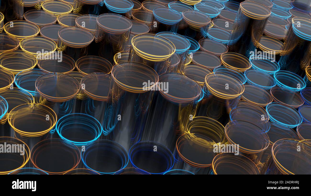 Abstract background of glass cylinders with luminous edges. 3D ...