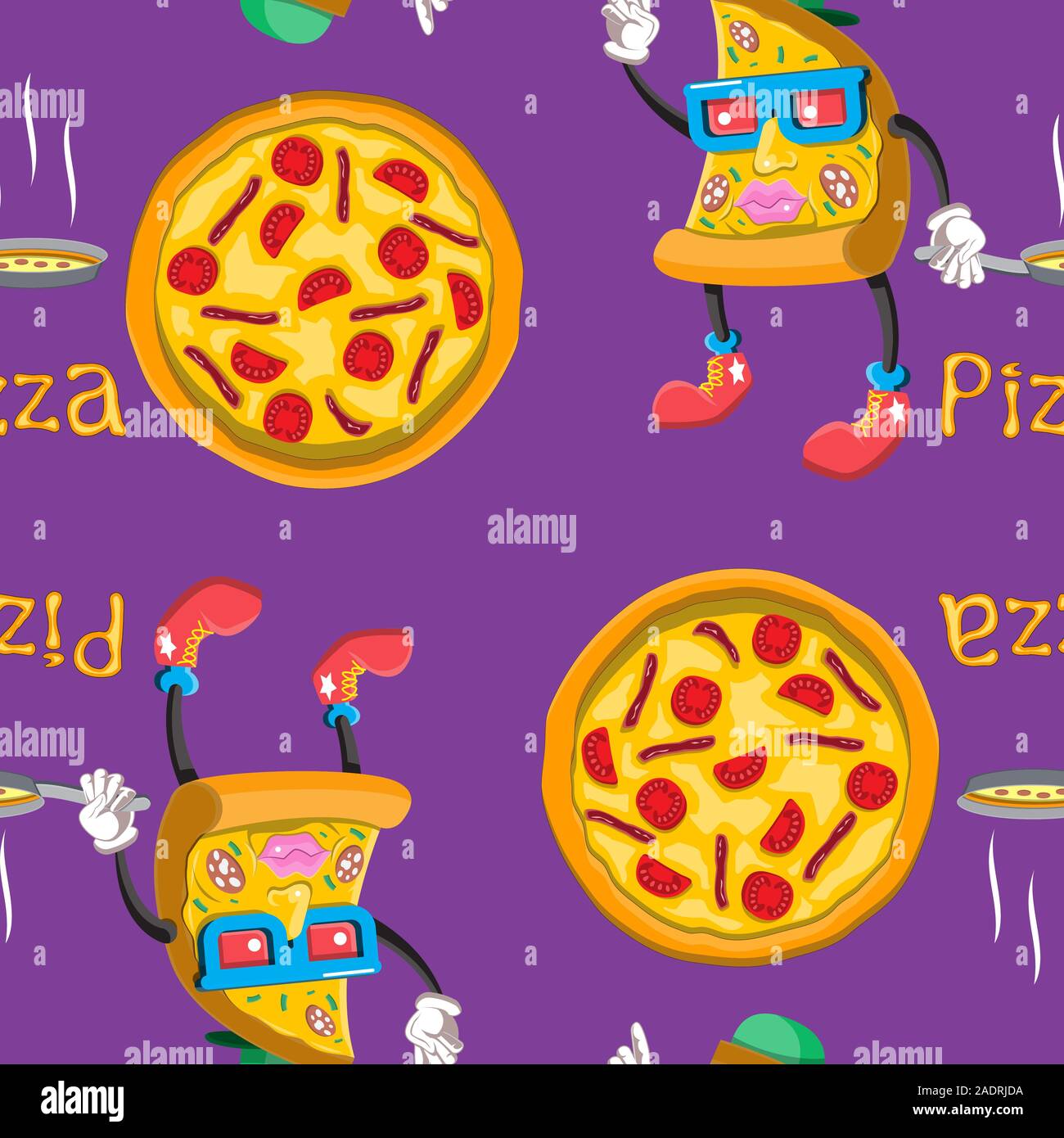Seamless purple background with cheerful character piece of pizza and a ...