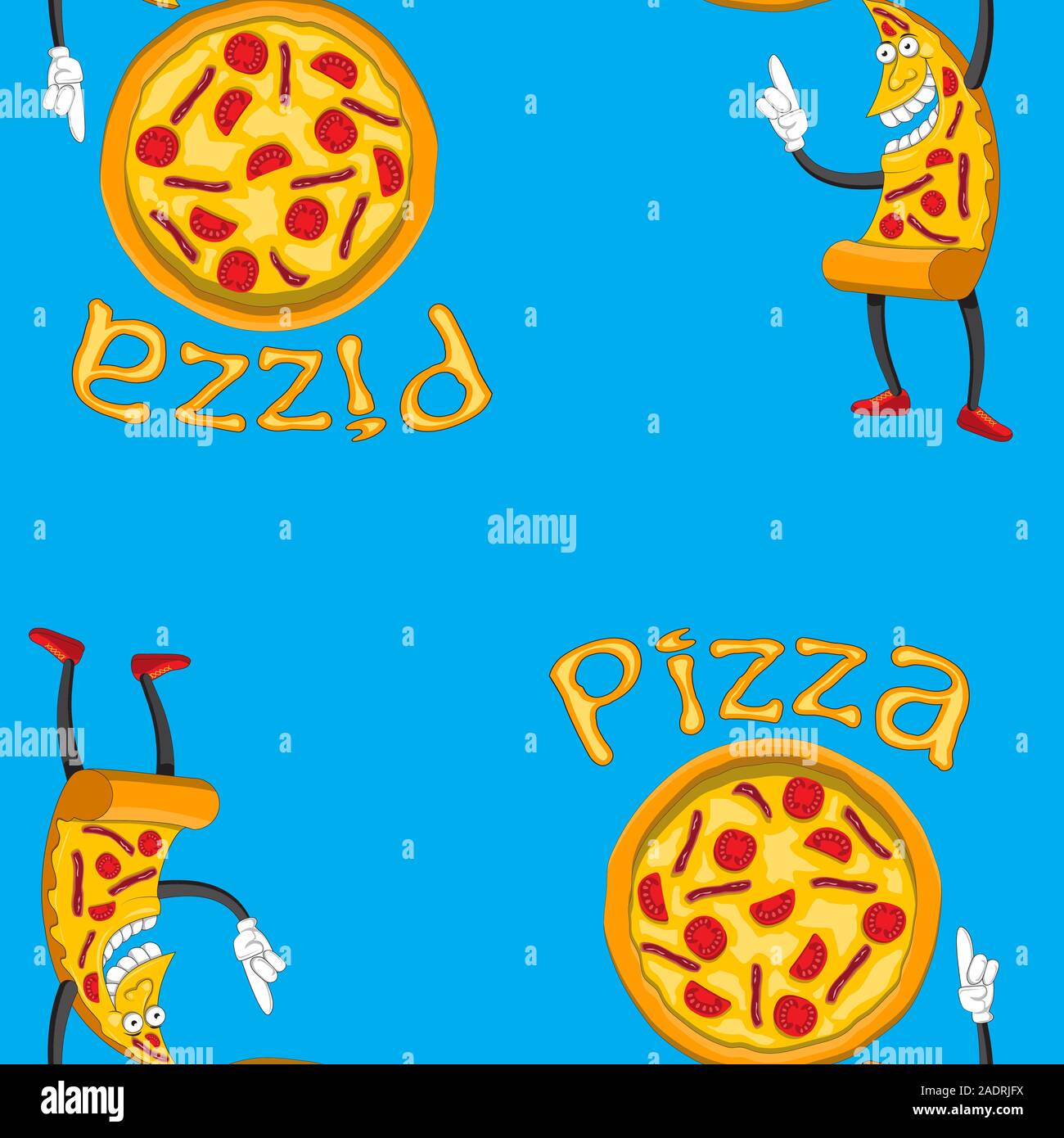 Seamless blue background with cheerful character piece of pizza and a ...