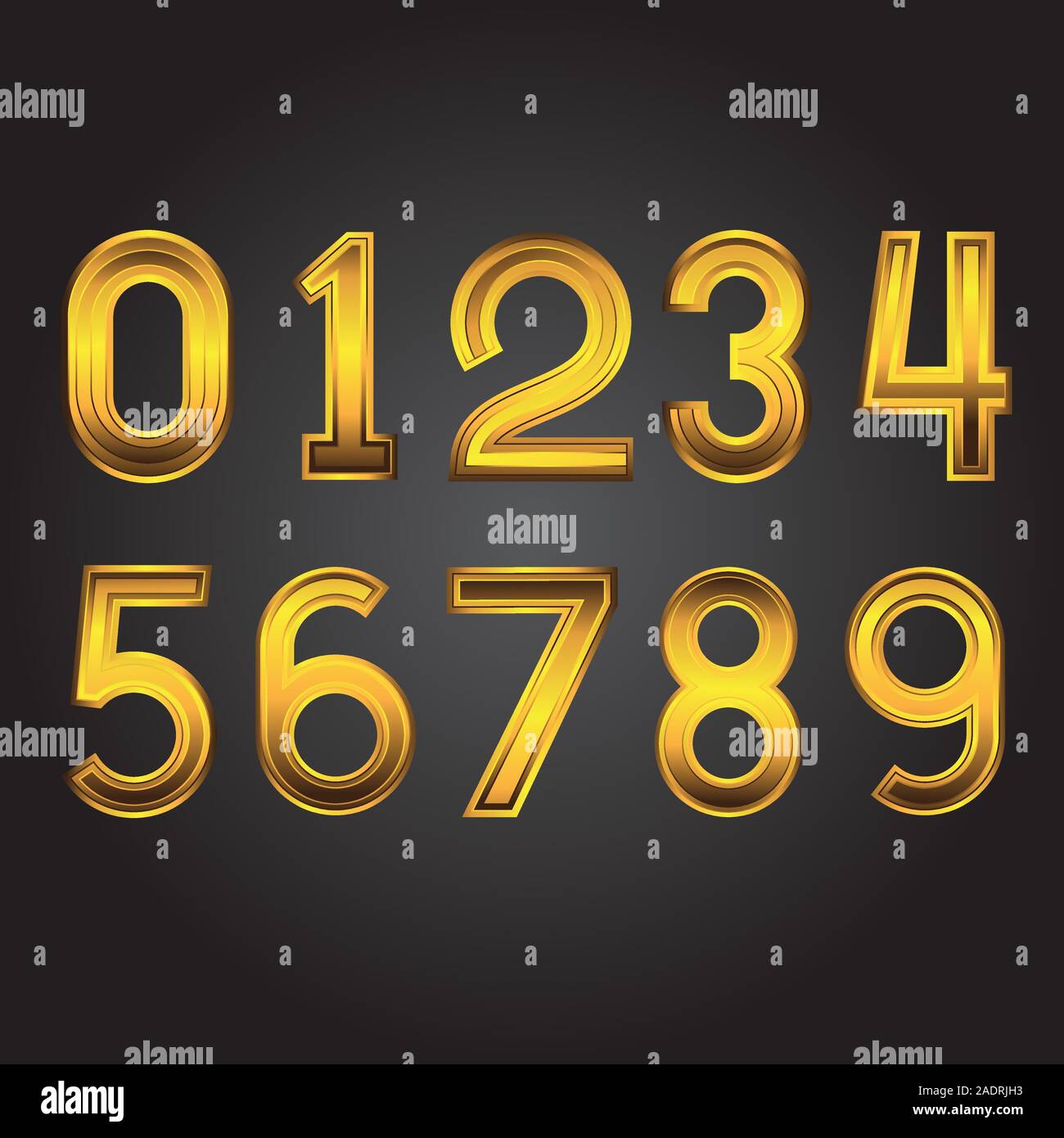 Gold numbers from zero to nine on a black isolated background. Vector ...