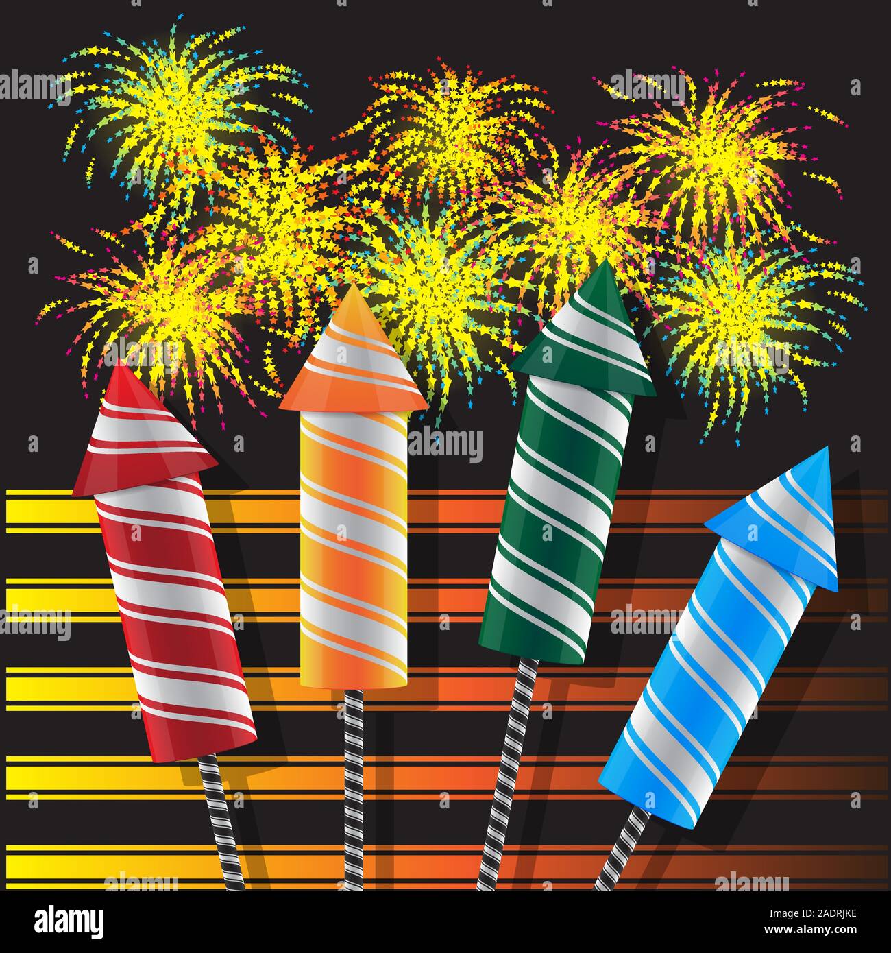 Rockets fireworks with stripes and flashes of stars on a black isolated ...