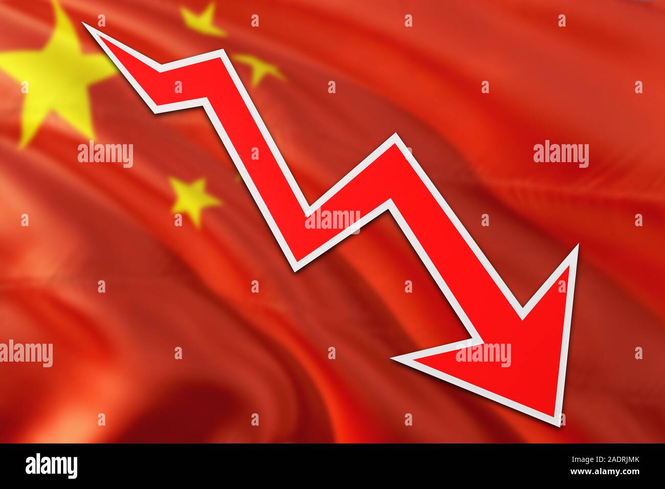 China economy graph is indicating negative growth, red arrow going down ...