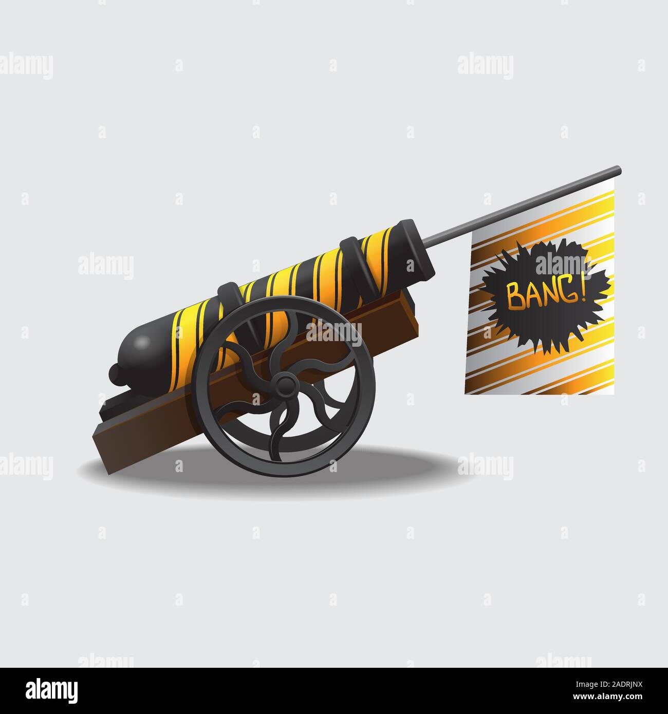 Medieval weapon shooting flag with the inscription bang on a white ...