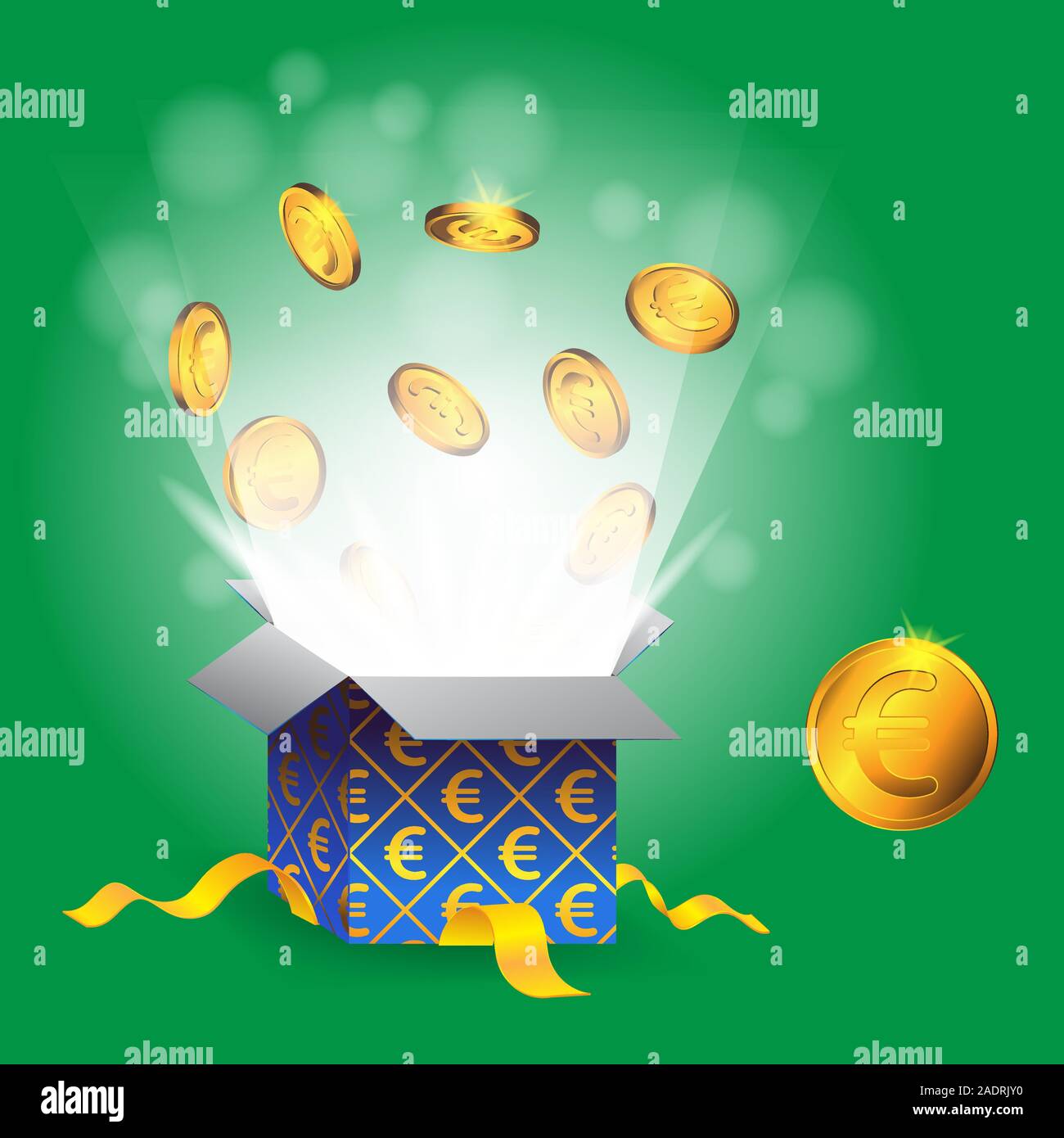 Gift box with gold coins and Euro sign on isolated green background ...
