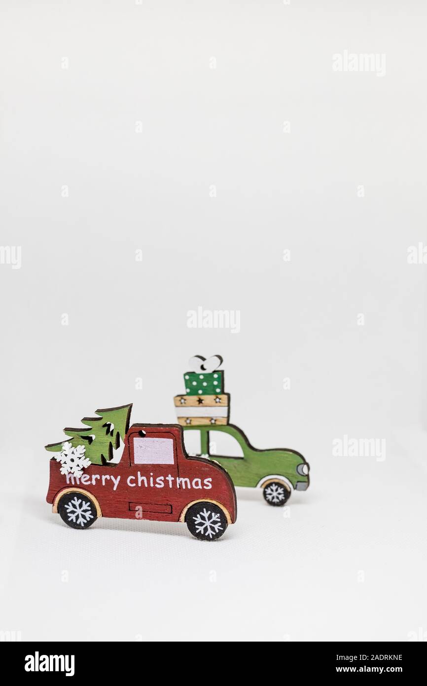 Christmas decoration with wooden car, gifts with copy space. Season ...