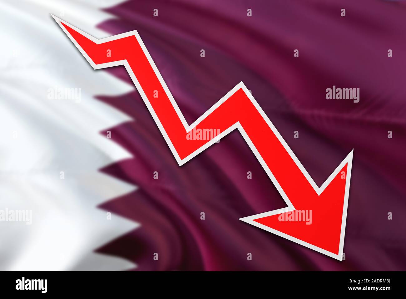 Qatar economy graph is indicating negative growth, red arrow going down ...