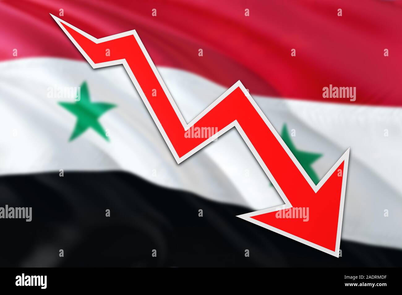 Syria economy graph is indicating negative growth, red arrow going down ...