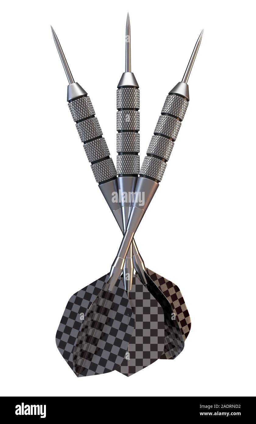 A set of three professional metal darts with a checkered black and ...