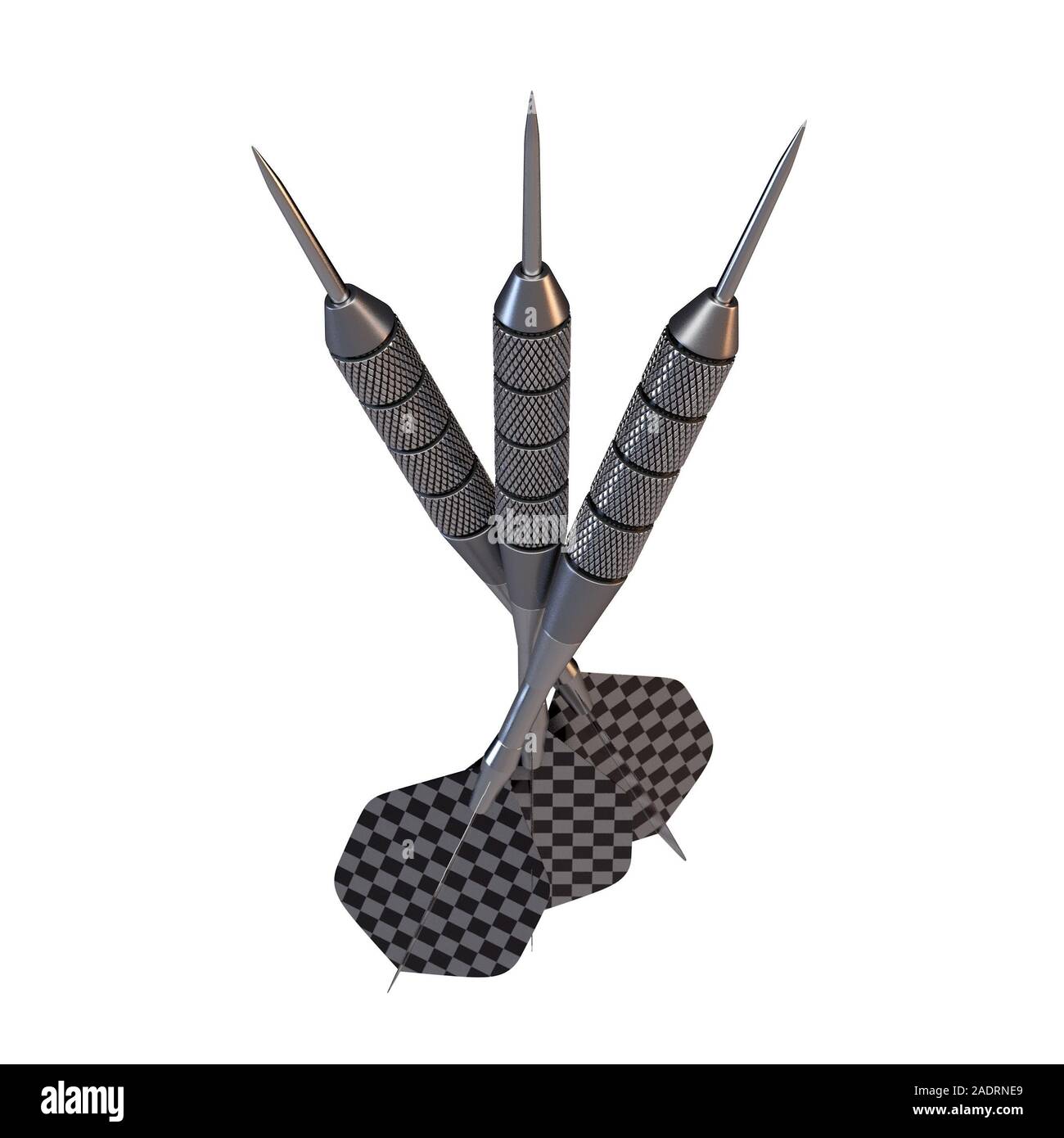 A set of three professional metal darts with a checkered black and ...