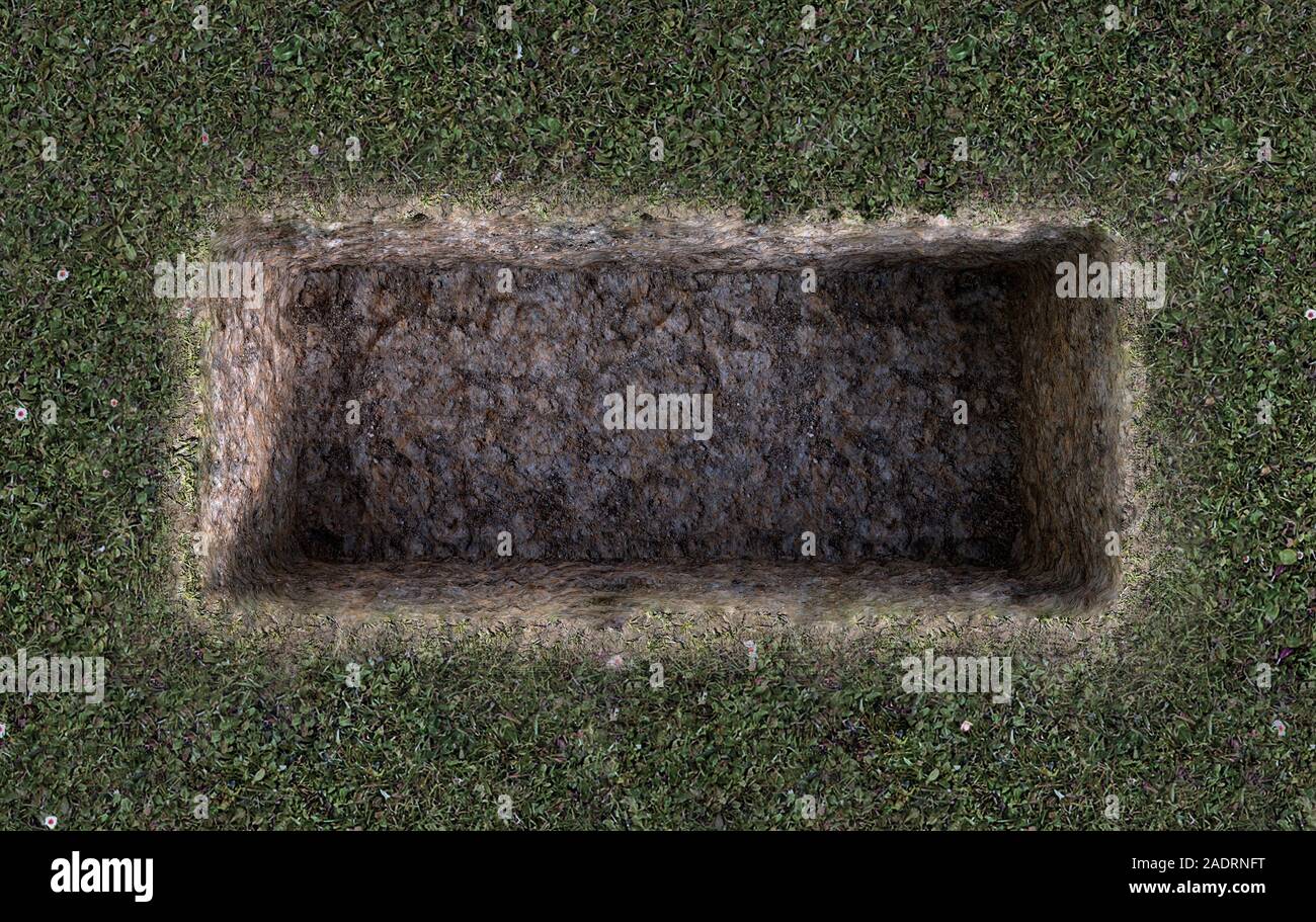 An open empty grave dug out of a field of green grass - 3D Render Stock ...