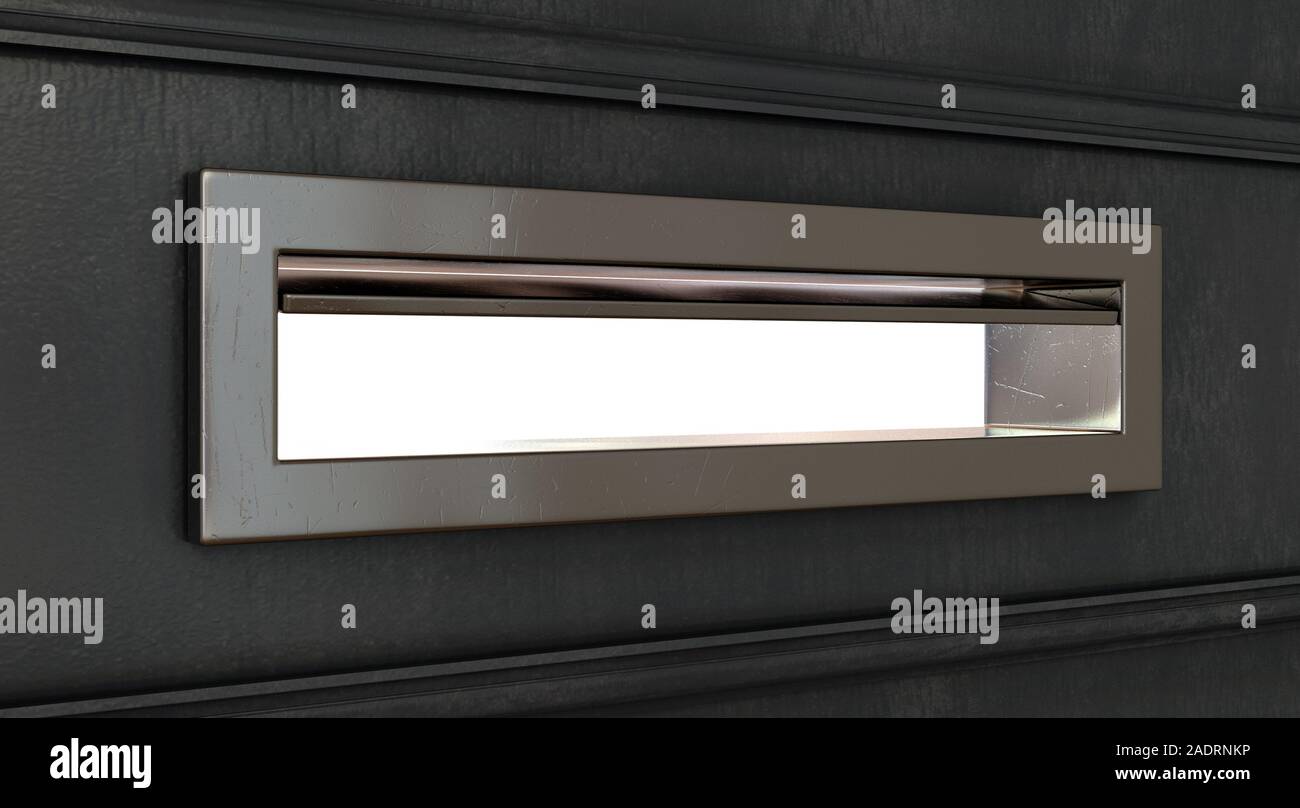 A concept image of a closeup of an open door letter flap on an isolated ...