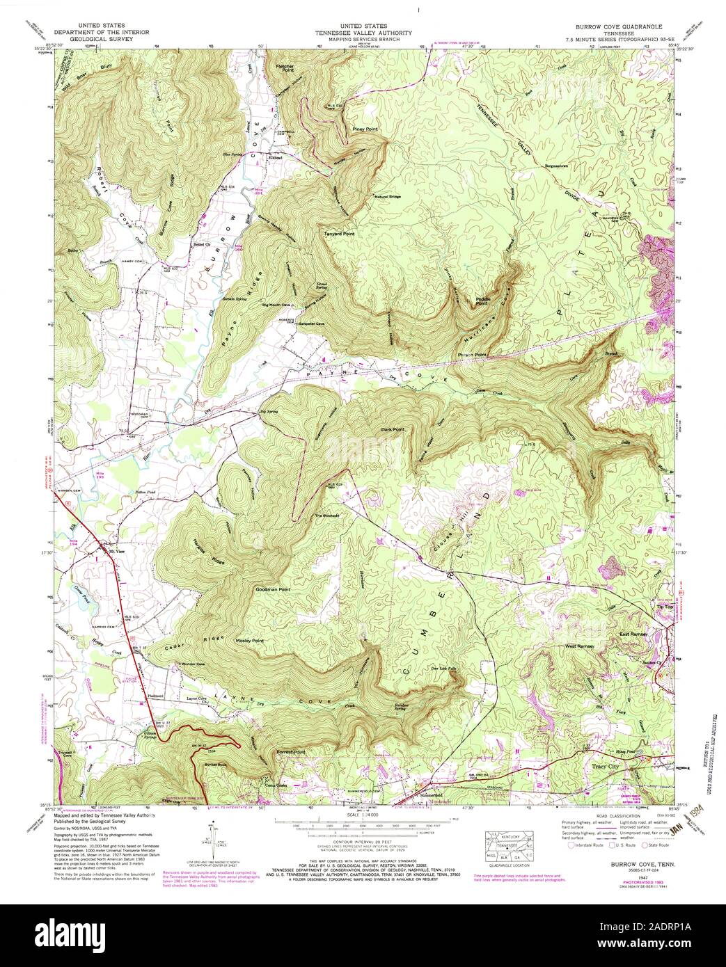USGS TOPO Map Tennessee TN Burrow Cove 149369 1947 24000 Restoration ...