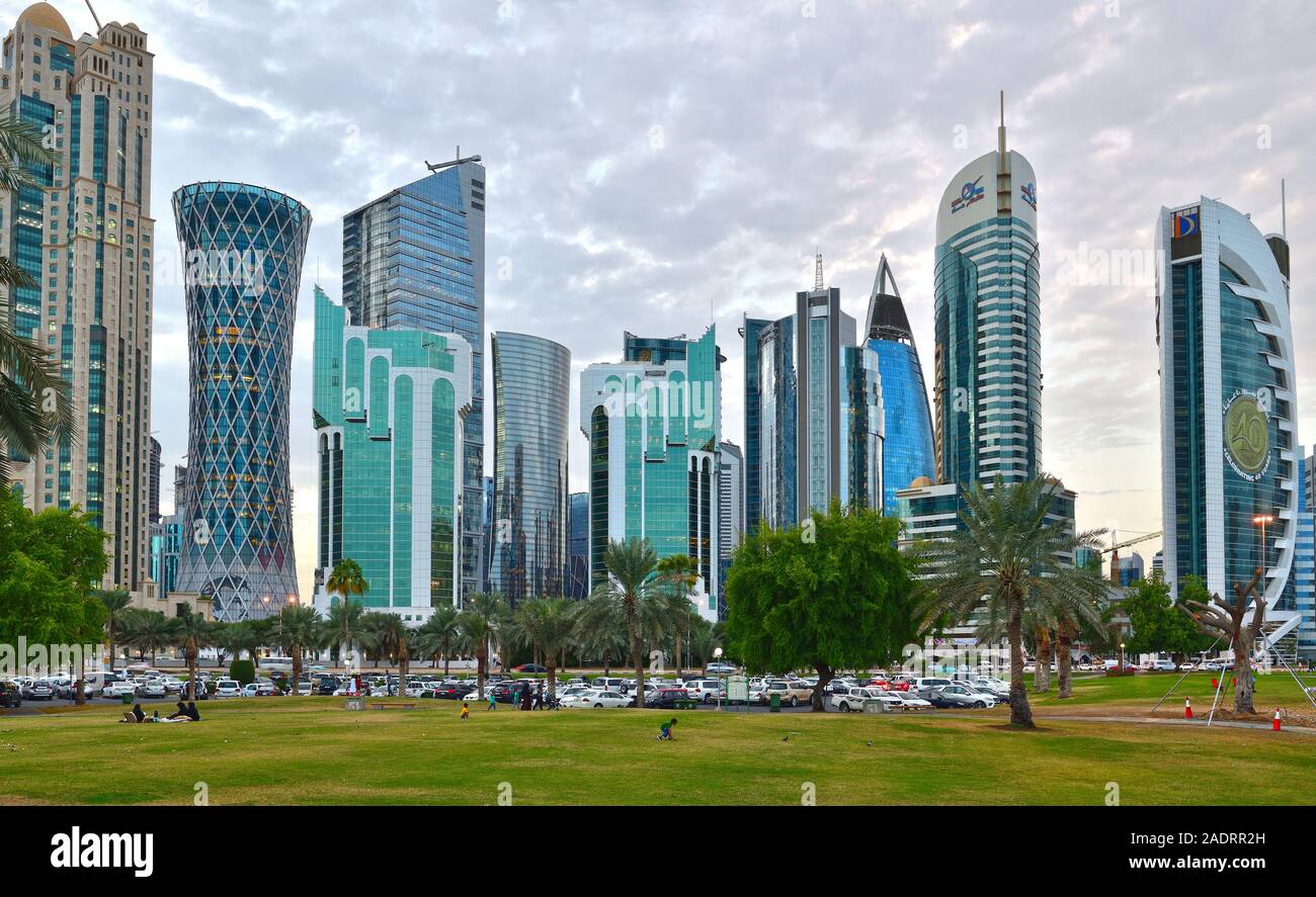 Doha, Qatar - Nov 18. 2019. View of downtown skyscrapers from Sheraton ...