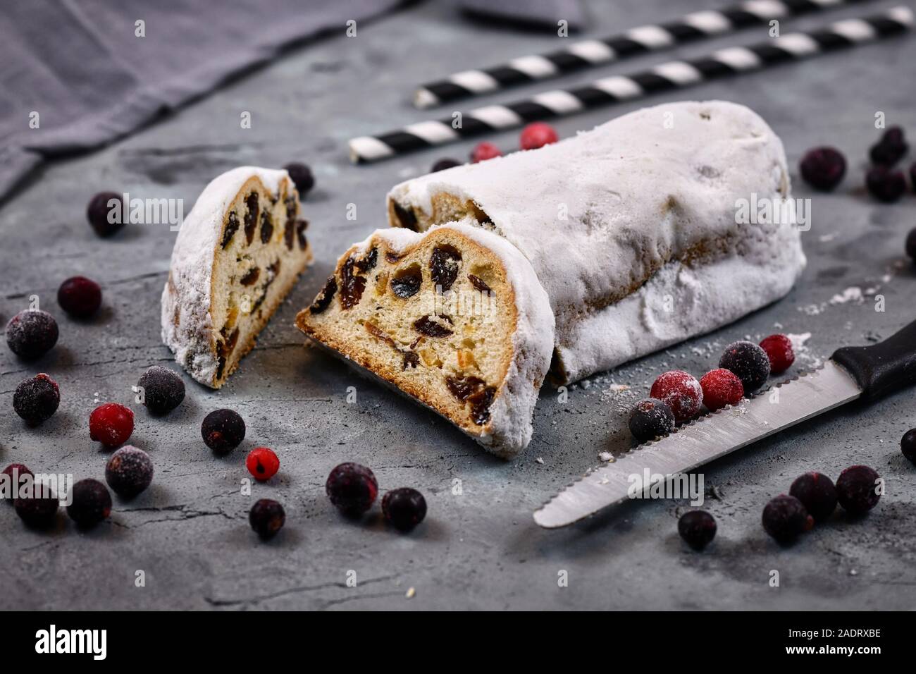 Slice of traditional German christmas season sweet food called 'Stollen ...