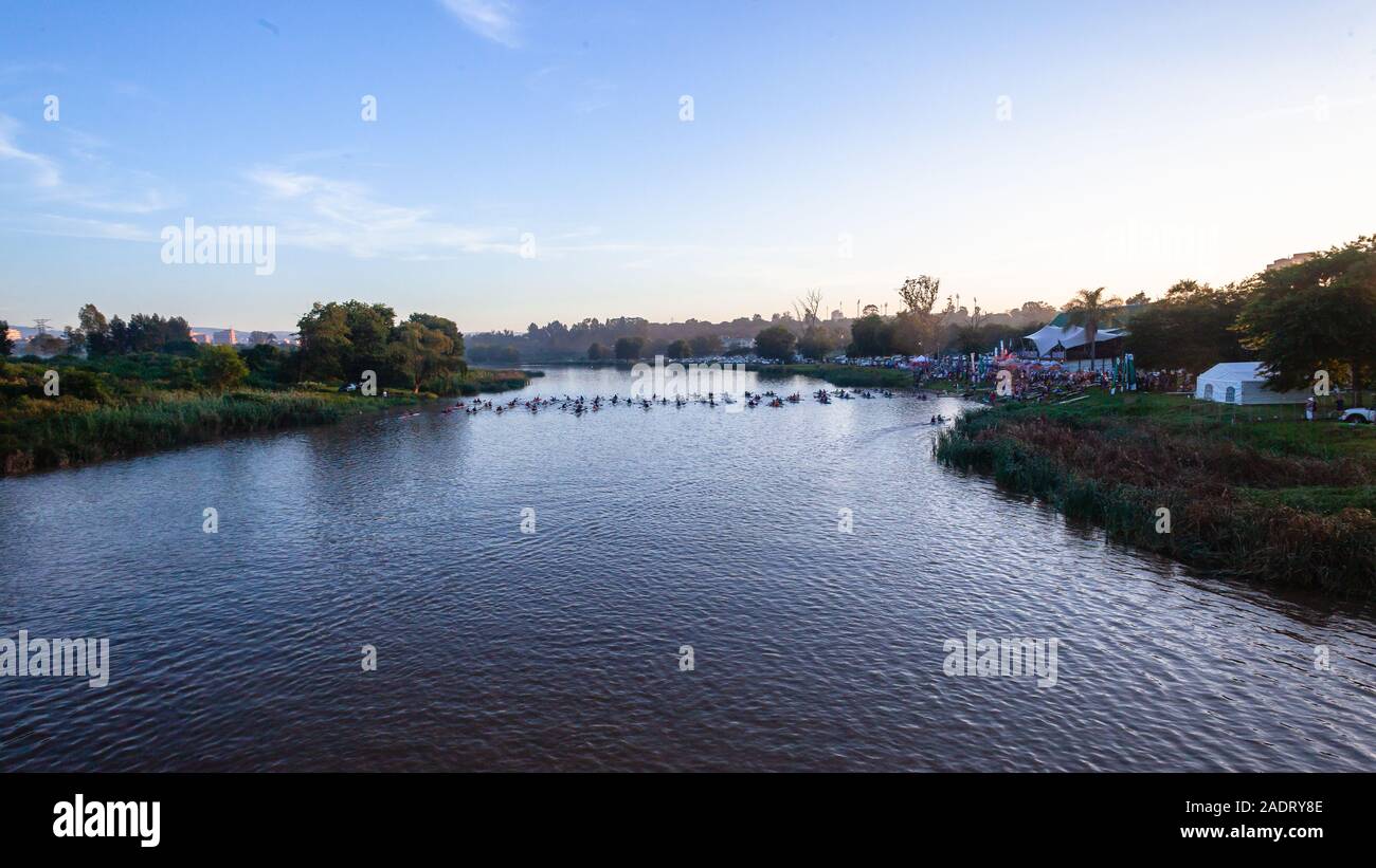 Canoe Race mens athletes doubles paddlers lined up at starting line on ...
