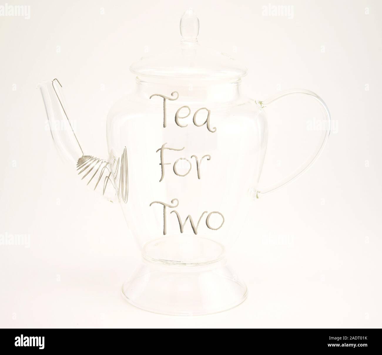 Empty transparent glass teapot isolated on a white background with text ...