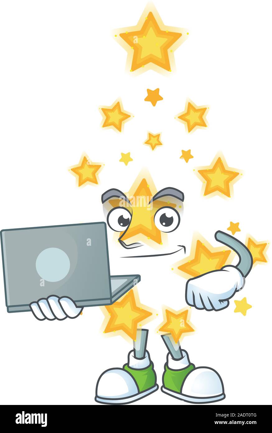 Happy smiling christmas star cartoon character working with laptop ...