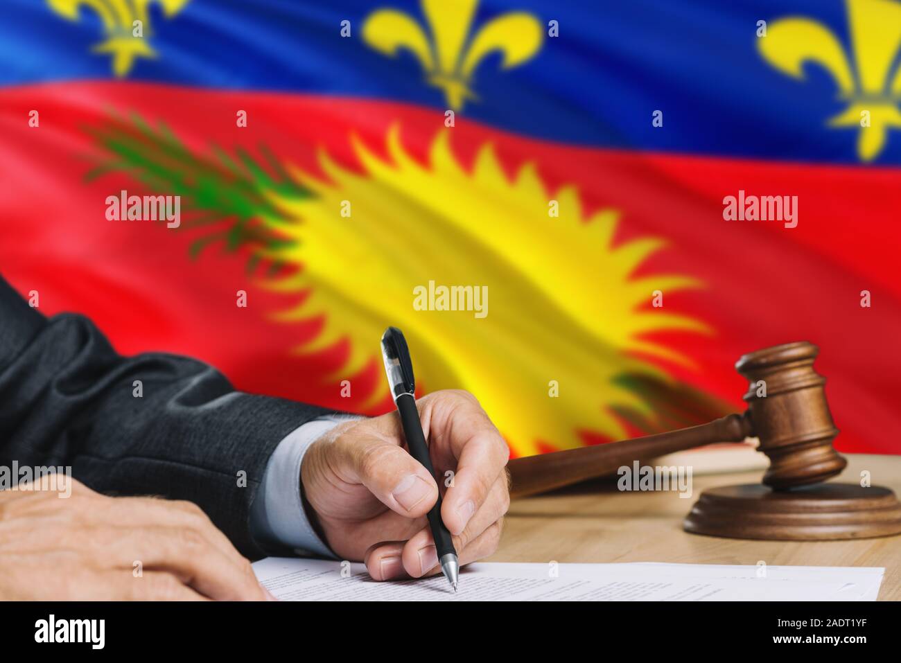 Judge writing on paper in courtroom with Guadeloupe flag background ...